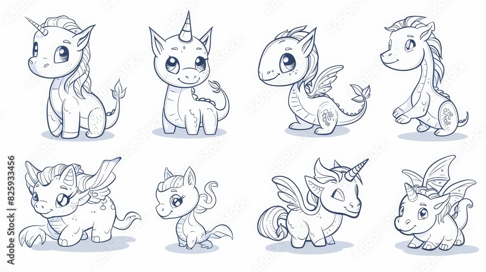 Kids cartoon coloring book pages with magical fantasy creatures ...