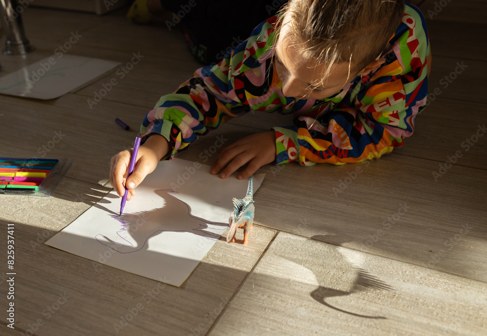 child draws contrasting shadows from a toy dinosaur standing on the ...