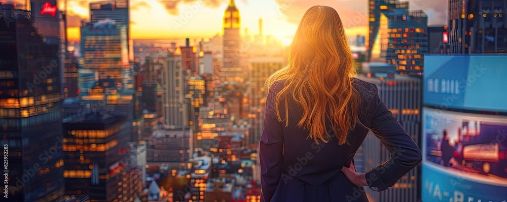 Woman overlooking city skyline at sunset, capturing the beauty and ...