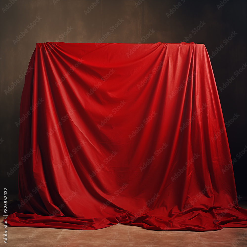 Red curtain draped over a mysterious box. A luxurious red silk curtain ...