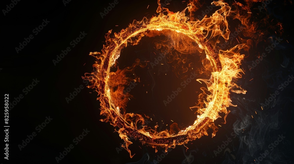Perfect circle of roaring flames, creating a ring of fire, solid black ...