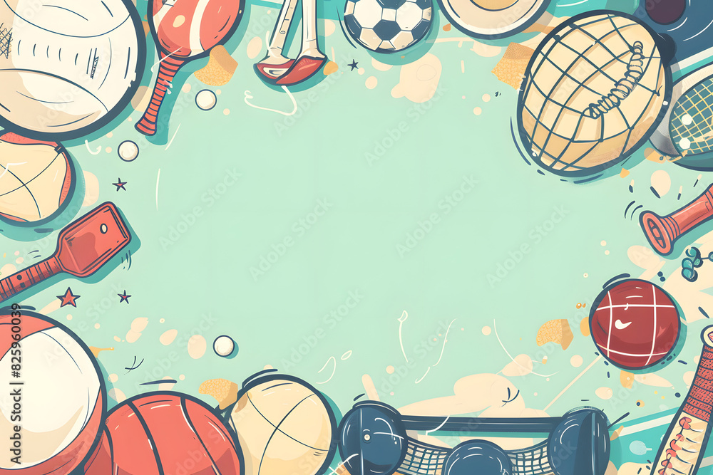 Cute cartoon sports equipment frame border on background. Stock ...