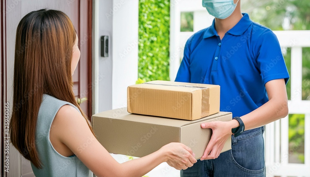 Deliveryman presenting a Package at the Front door - Delivering a ...