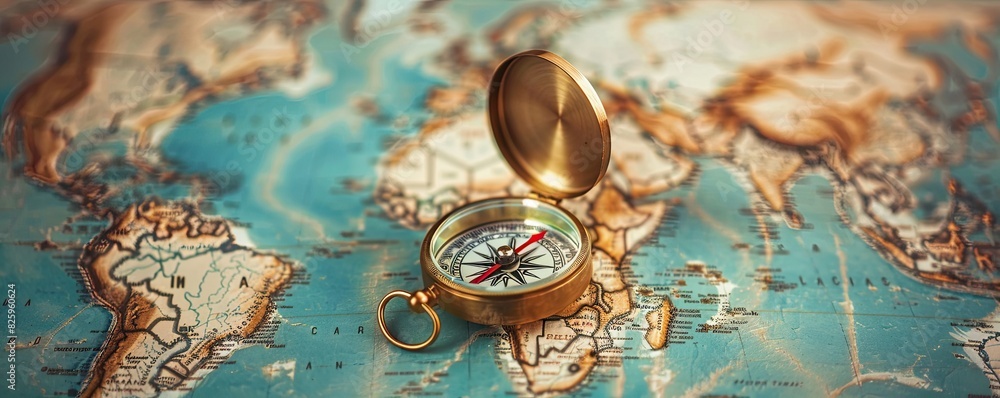 Magnetic old compass on a world map. The antique compass and detailed ...