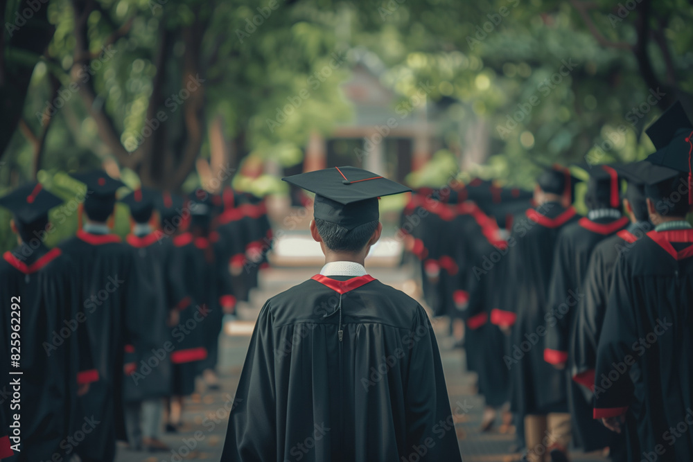 A group of graduates are walking down a path wearing black and red ...