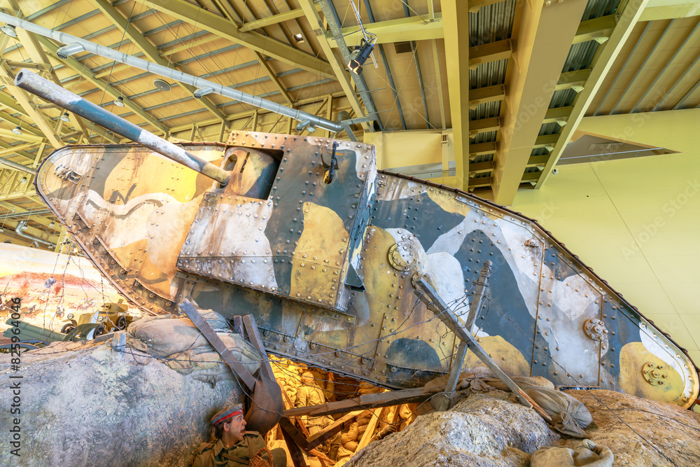 Royal Tank Museum, Amman, Jordan - May 4, 2024: Mark I tank showcased ...