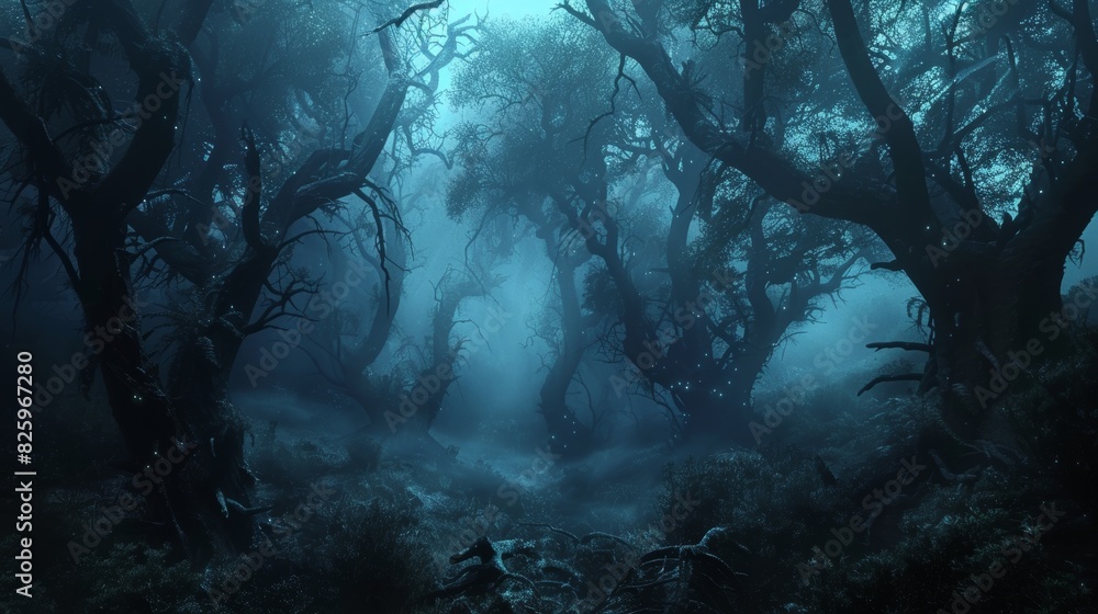 Enigmatic dark forest, warped trees and bioluminescent plants, blue ...