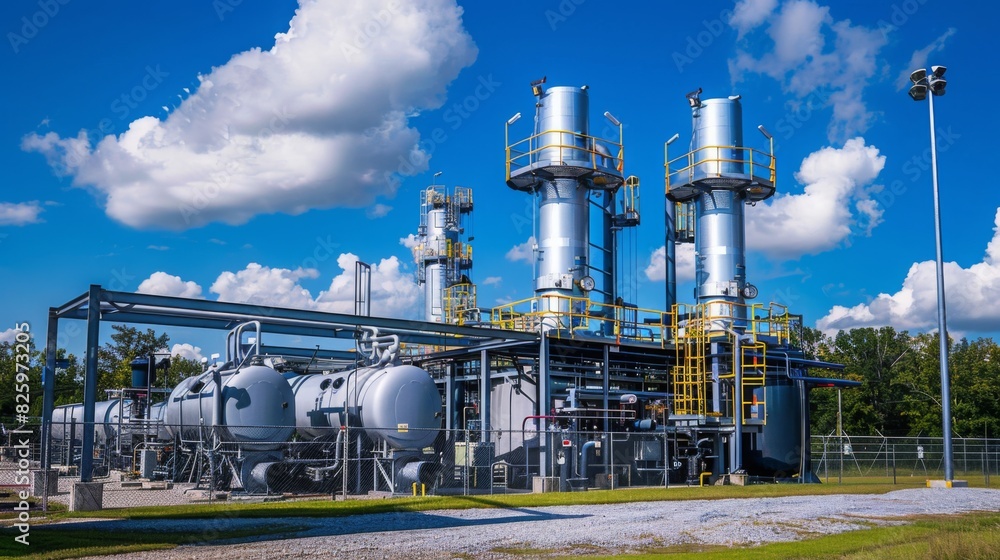 An operational chemical plant with tall metal structures and storage ...