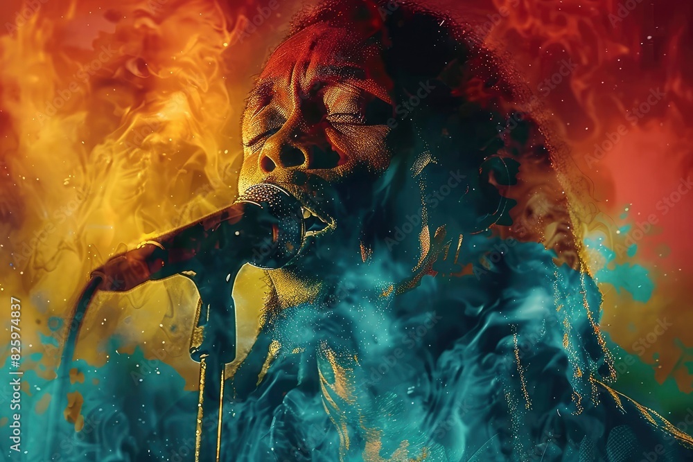 Double exposure portrait of an African reggae musician celebrating ...