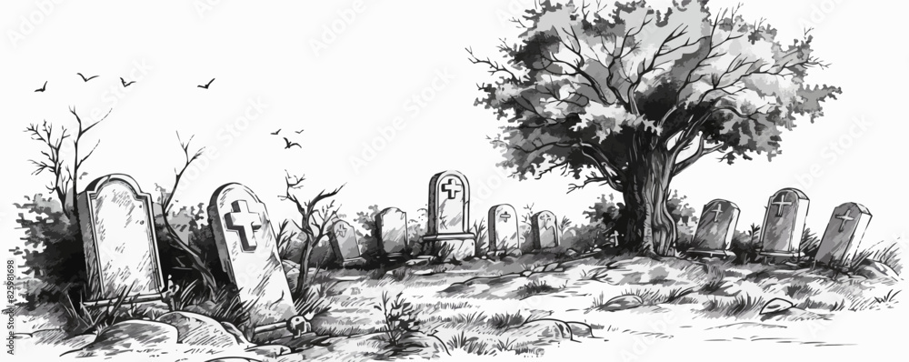 Old vintage cemetery sketch hand drawn line art . vector simple ...