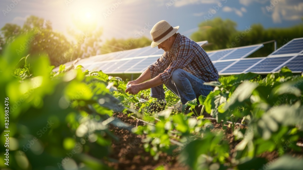 Farmer tending to crops beneath solar panels, highlighting the concept ...