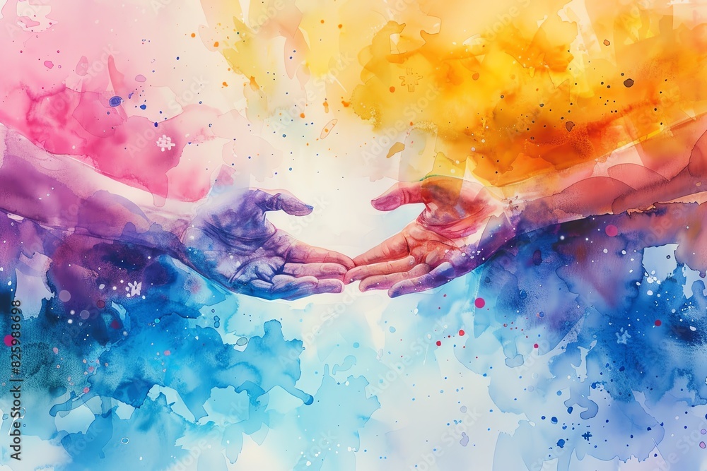 Vibrant watercolor scene of three hands in rock, paper, scissors ...