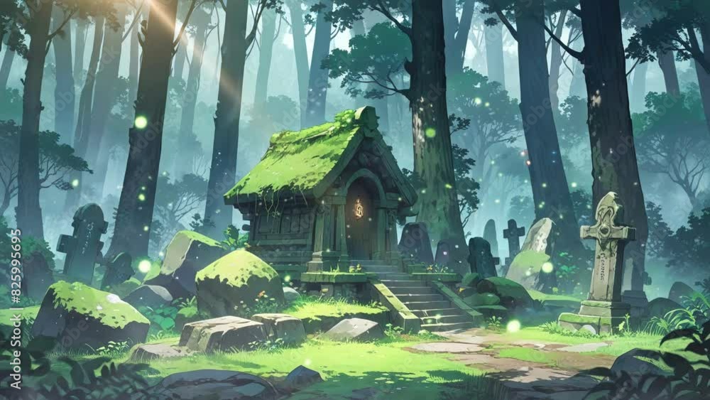 Traditional Japanese shrine hidden deep in a mystical forest, animated ...