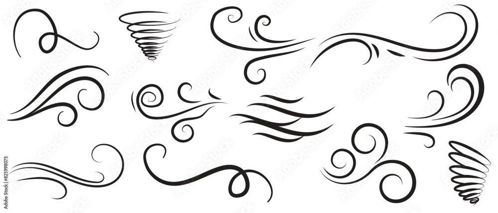 Doodle wind line sketch set. Hand drawn doodle wind motion, air blow ...