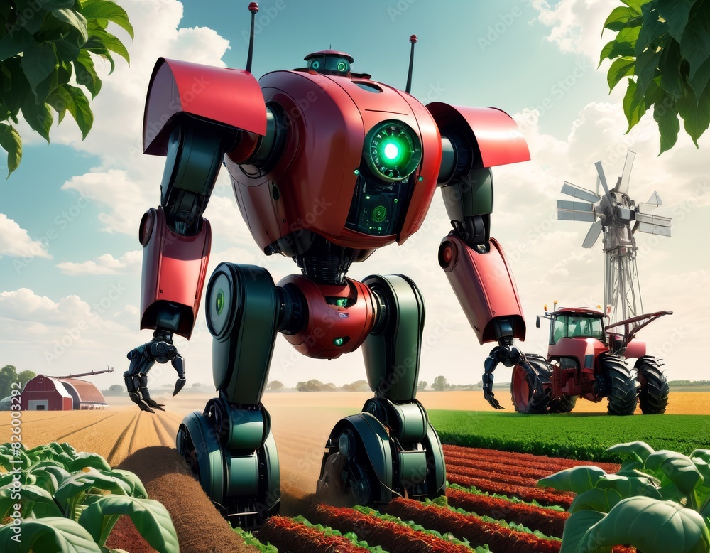 A large, red agricultural robot towers over a farm, working the soil ...