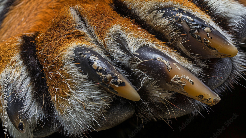 Extreme closeup of a tigers claw, showcasing intricate details and ...