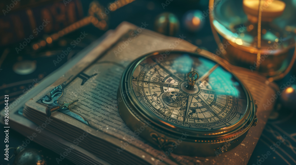 Vintage astrolabe and compass on an old map, inviting a journey into ...