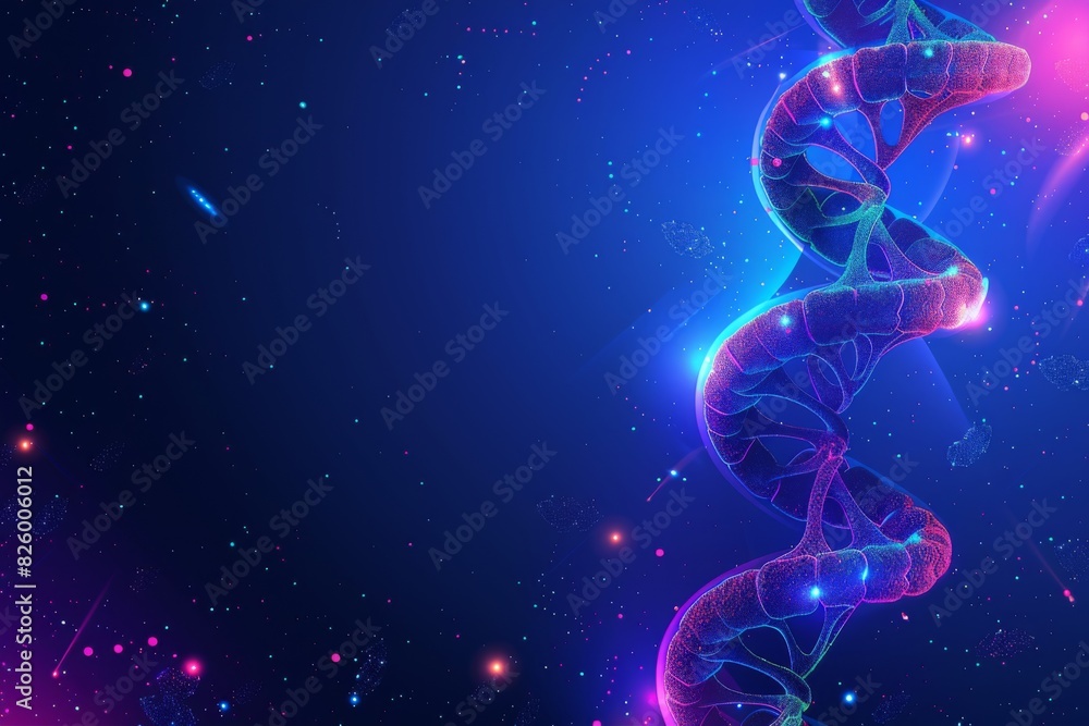 Abstract DNA helix in space with neon pink and blue highlights, genetic ...