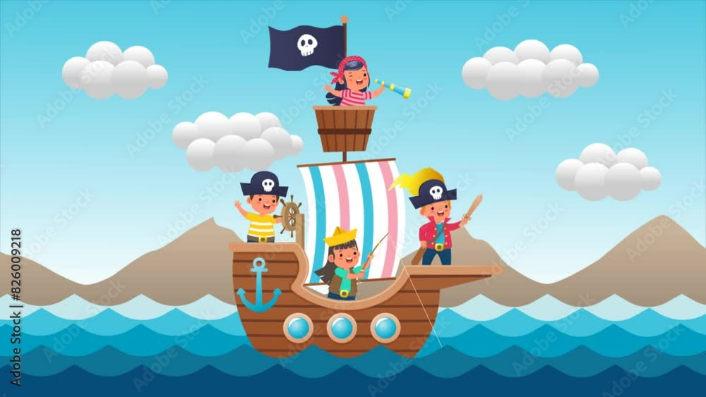 animation Kids pirate ship sailing in the sea with black skull flag ...
