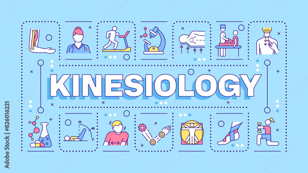 Kinesiology light blue word concept. Body movement science ...