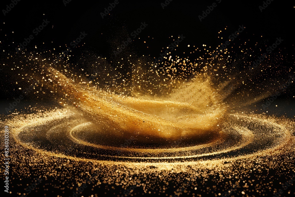 Gold powder explodes in circles. Black background, realistic, high ...