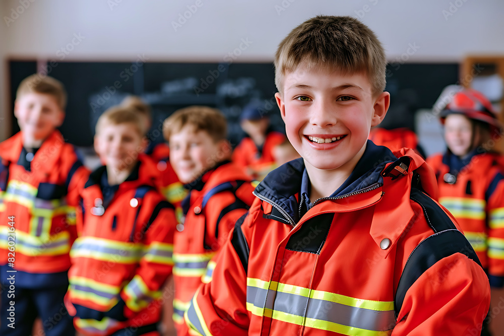 Boys elementary school students smile and wearing firefighter uniforms ...