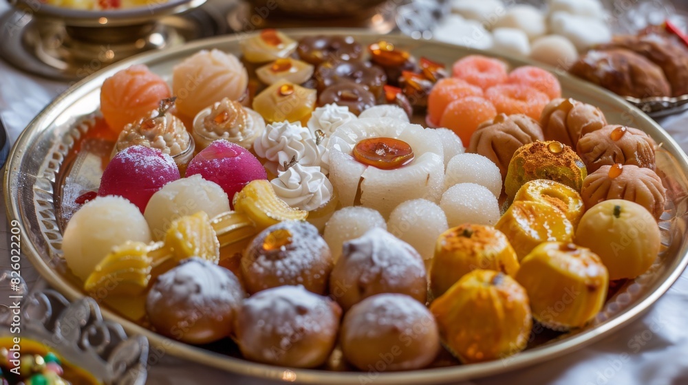 A colorful platter of assorted Indian sweets, including gulab jamun ...