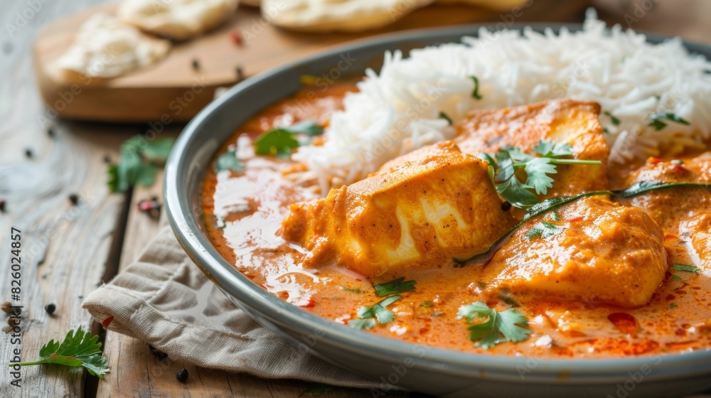 A delicious plate of fish curry, with tender fish fillets simmered in a ...