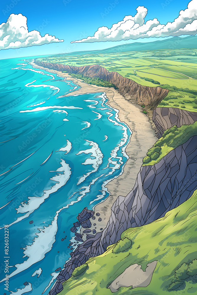 cartoon drawing of a beach with a cliff and a body of water Stock ...