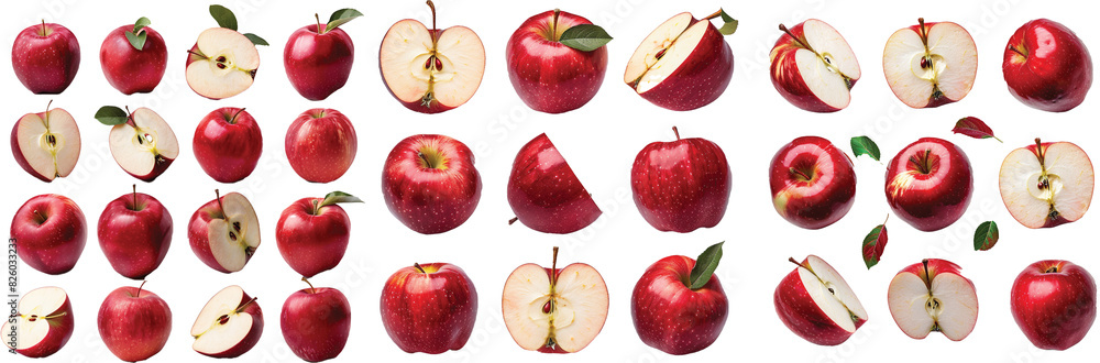 Red apple, collection, set, apples, side view, top view, sliced halves ...