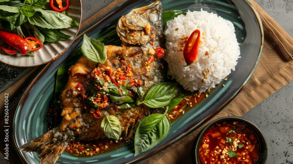 A tempting platter of Pla Rad Prik, Thai crispy fish topped with a ...