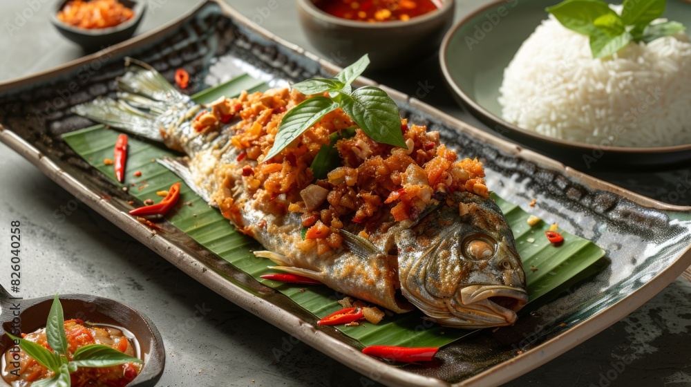 A tempting platter of Pla Rad Prik, Thai crispy fish topped with a ...