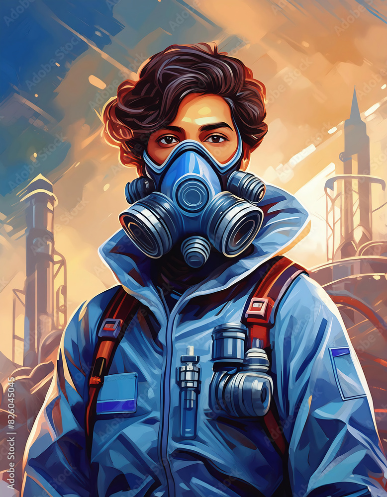 portrait of a young woman in the EPI suit and gas mask embodying the ...