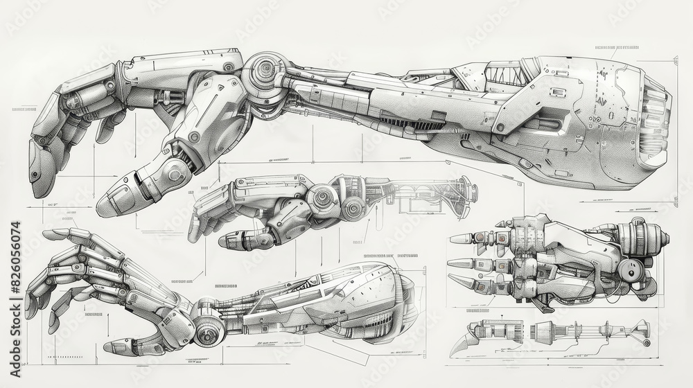 Poster Technical Drawing of a Robotic Arm with Detailed Annotations ...