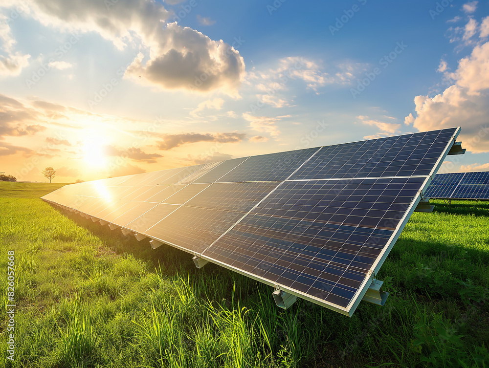 Large ground-mounted solar farm plant with sun in the background ...