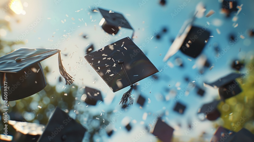 3D render of graduation caps flying freely under a clear blue sky ...