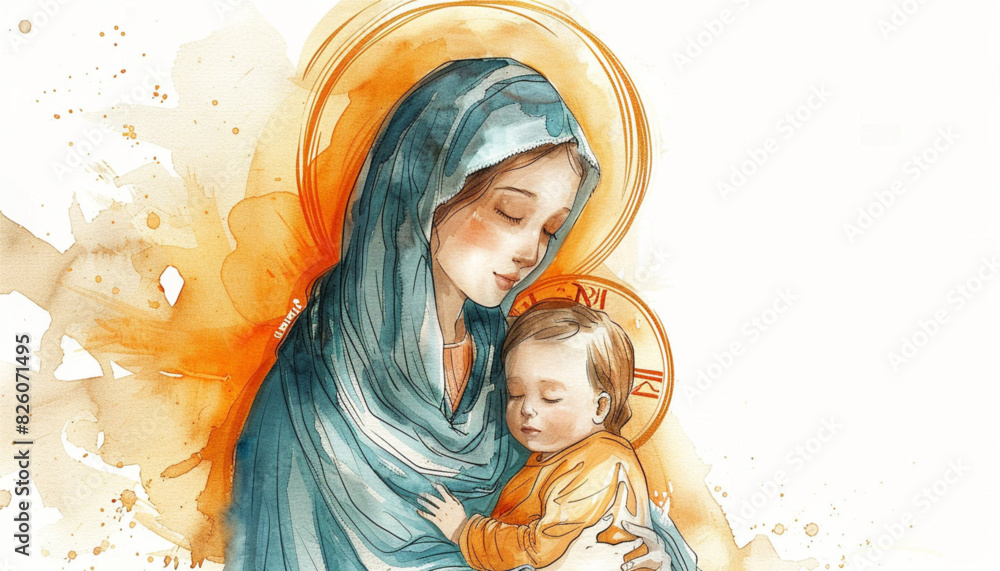 Holy Mary Mother of God or Mother of God. Virgin Mary in a blue robe ...