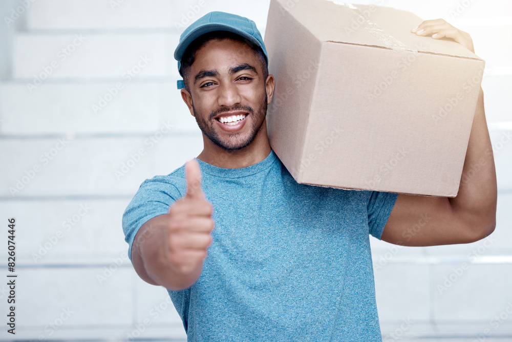 Delivery, thumbs up and portrait of man for logistics, box and shipping ...