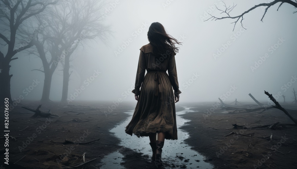 A lone woman wanders through a misty, barren landscape, her figure a ...