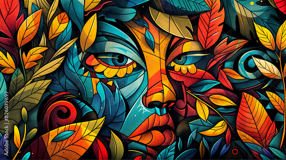 abstract cubism colorful wallpaper, portrait with leaf and nature ...