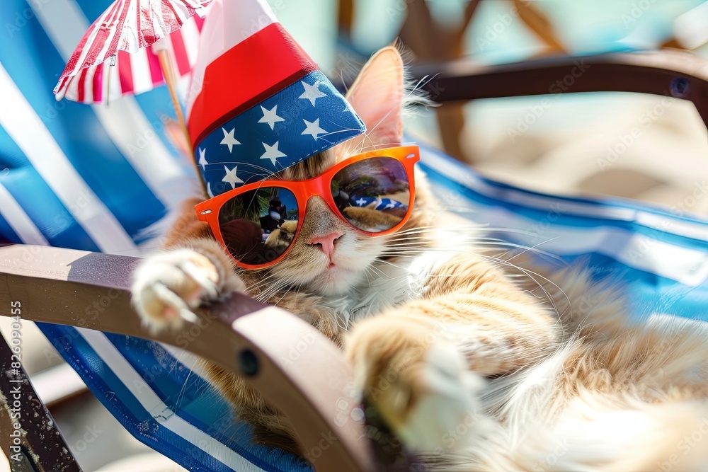 cat wearing oversized sunglasses and an Uncle Sam hat, lounging on a ...