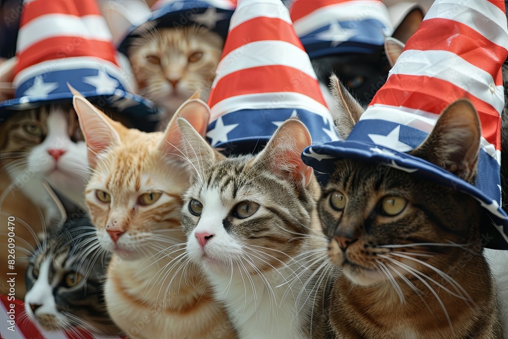 group of cats wearing Uncle Sam hats, 4th of July parade float. Stock ...