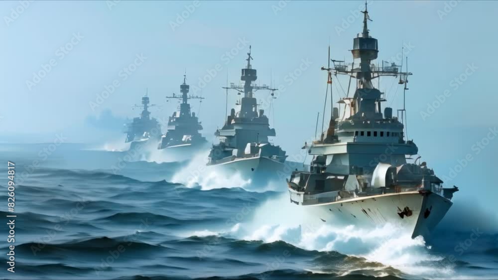 Naval Ships Engage in Combat Maneuvers at Sea Executing Navy Operations ...