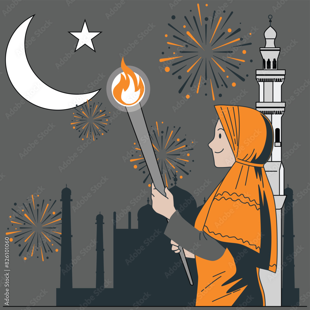 Happy New Hijri Year 1443 Hijriyah (1 muharram). one girl with fire in ...