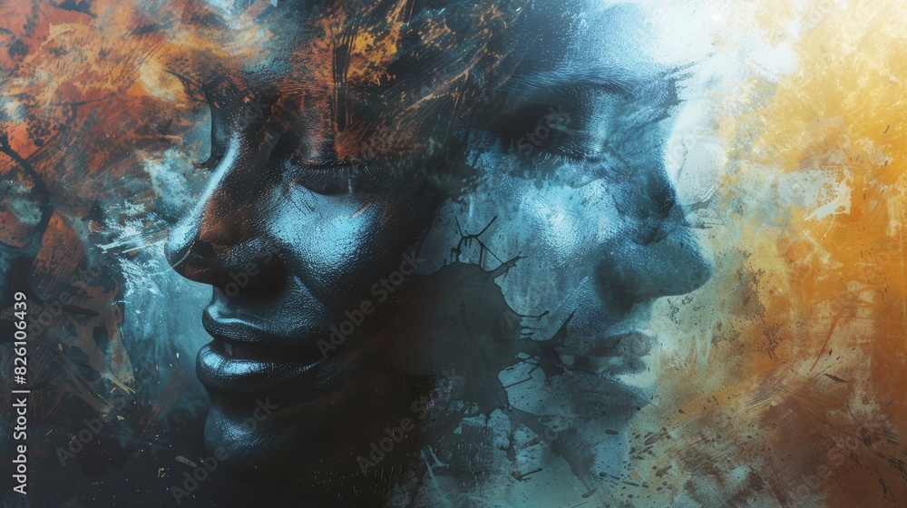 Abstract art depicting human faces blending into a surreal and colorful ...