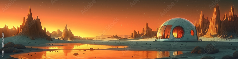 Alien vista illustration; futuristic lab structure; geodesic domes for ...