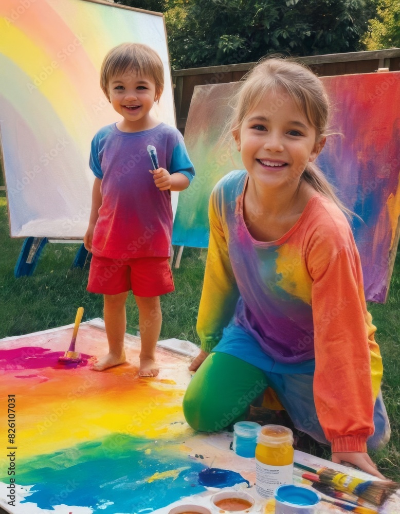 Two cheerful children paint vibrant rainbows on large canvases in an ...