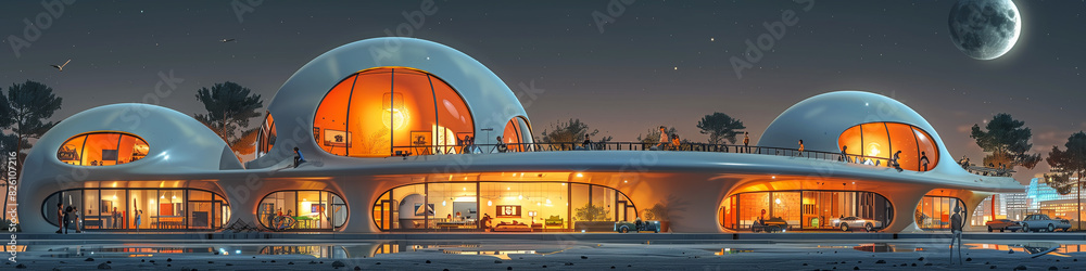 Illustration with alien vista; futuristic residential structure; domes ...