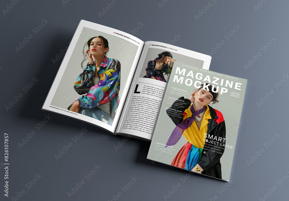 Magazine Cover and Open Magazine Mockup on Grey Background Stock ...