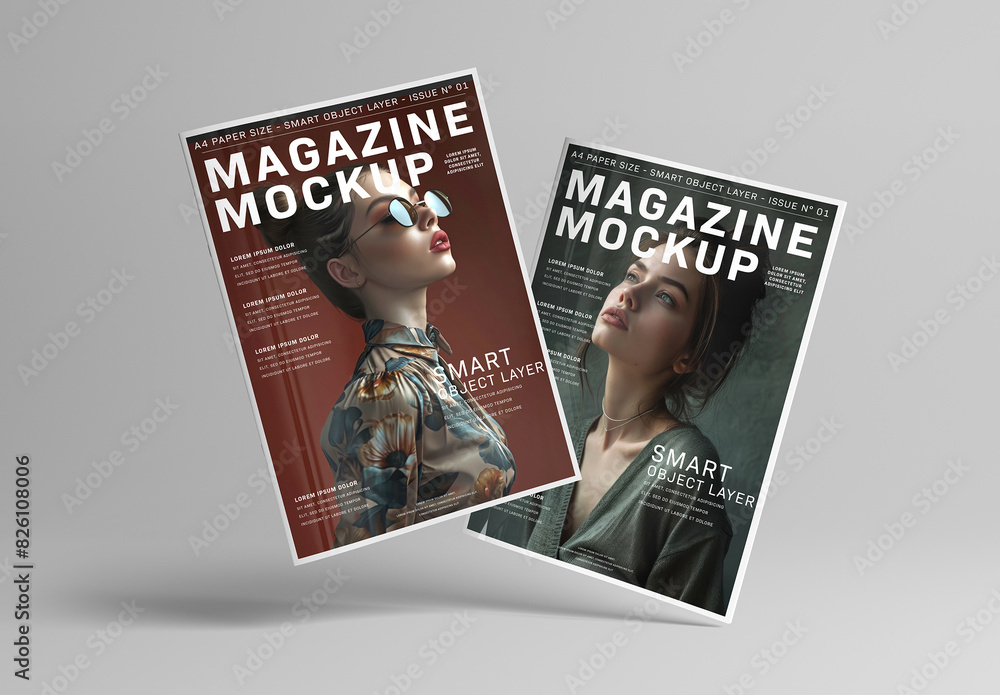 2 Floating Magazine Covers on White Background Mockup Stock Template ...